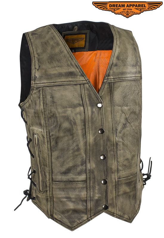 Womens Distressed Brown Leather Motorcycle Vest With Side Laces ...
