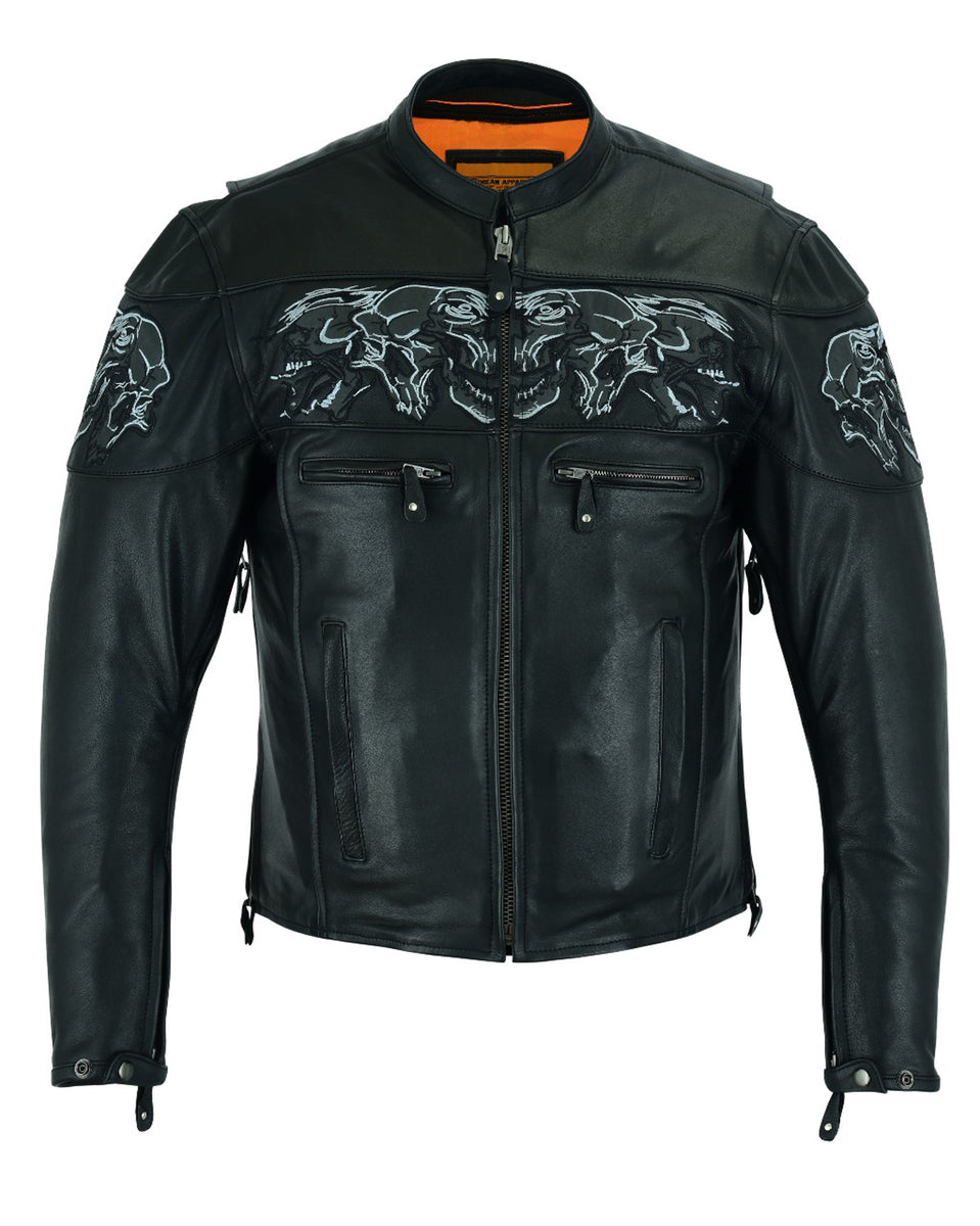 Men's Leather Concealed Carry Racing Jacket W/ Reflective Skulls ...