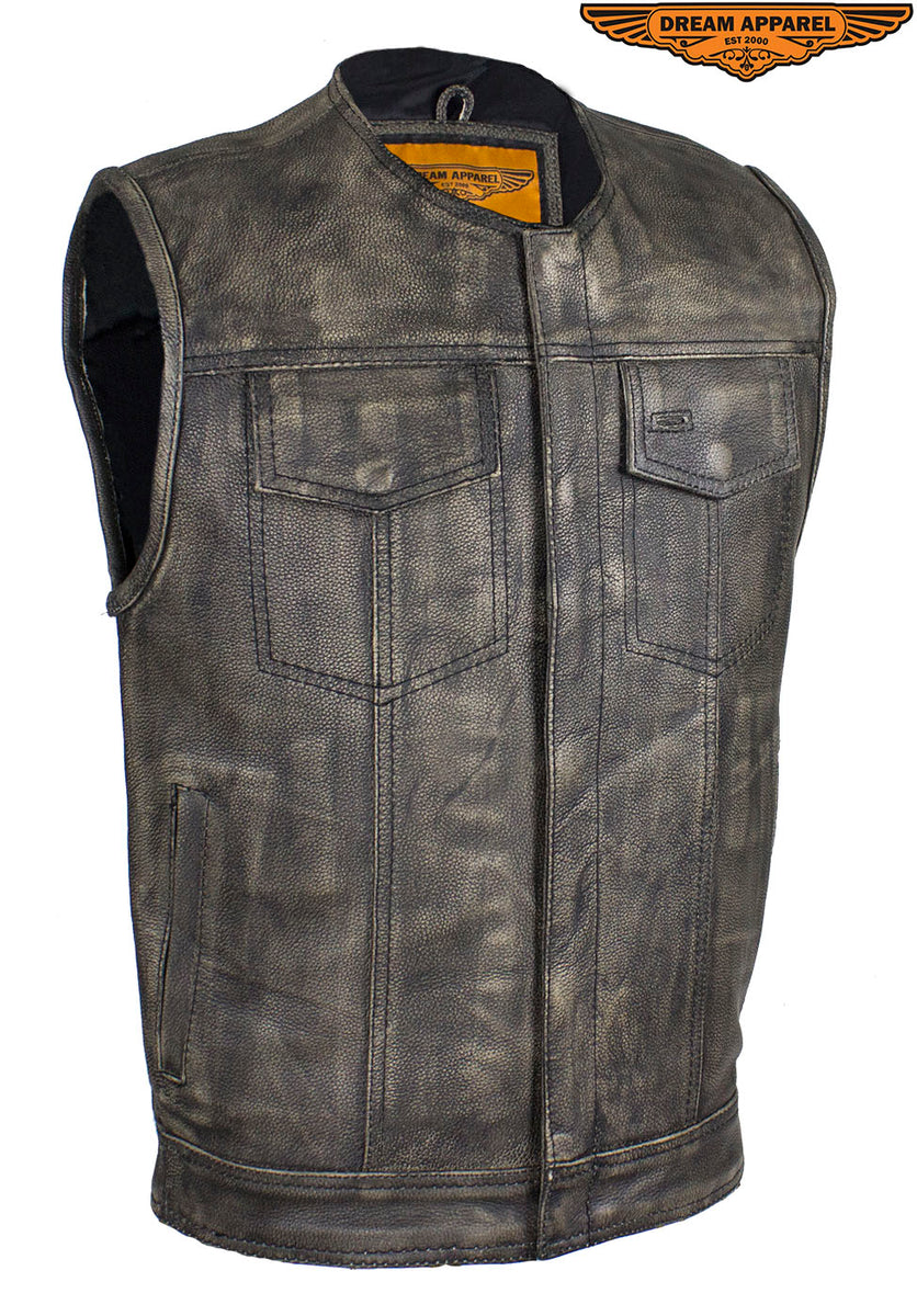 Mens Distressed Brown Leather Motorcycle Club Vest With Zipper & No Co ...